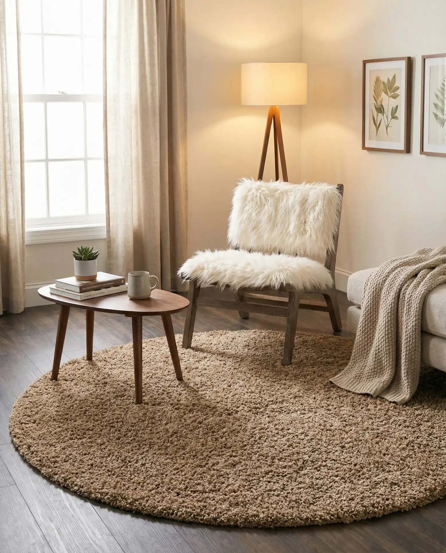 6' X 6' Solid Shag Round Rug Sandy Brown - Rugs